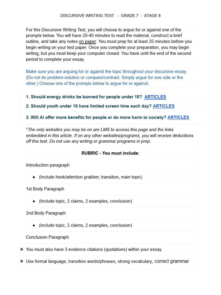 Grade 7 Discursive Writing Test | PDF