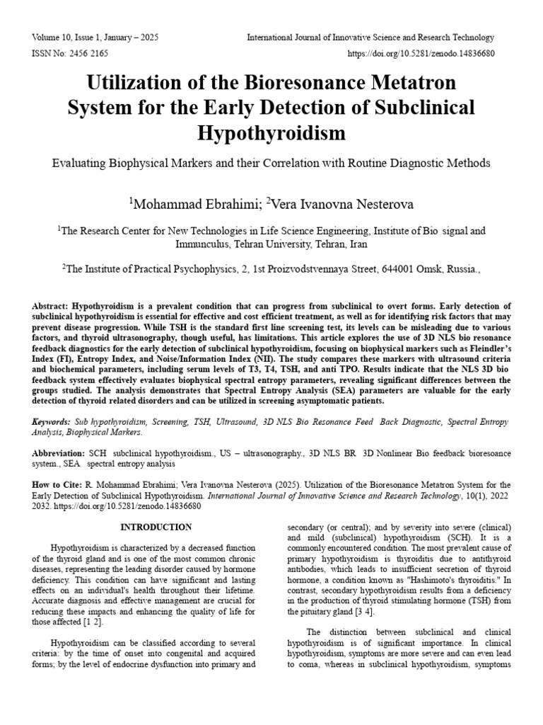 Utilization of The Bioresonance Metatron System For The Early Detection ...