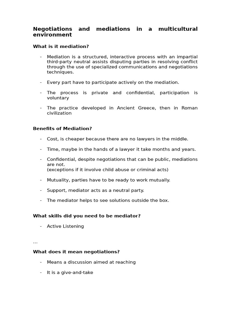 Negotiations and Mediations in A Multicultural Environment | PDF ...