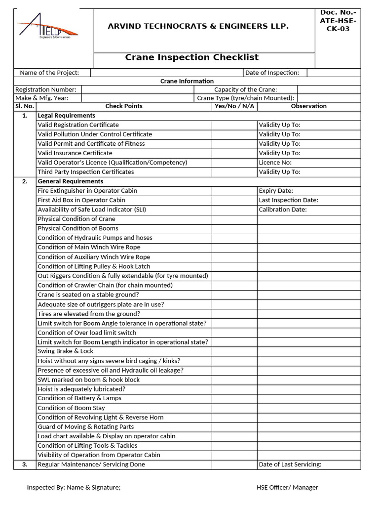Doc. No.-ATE-HSE-CK-03-Mobile Crane Inspection Checklist | PDF | Crane ...