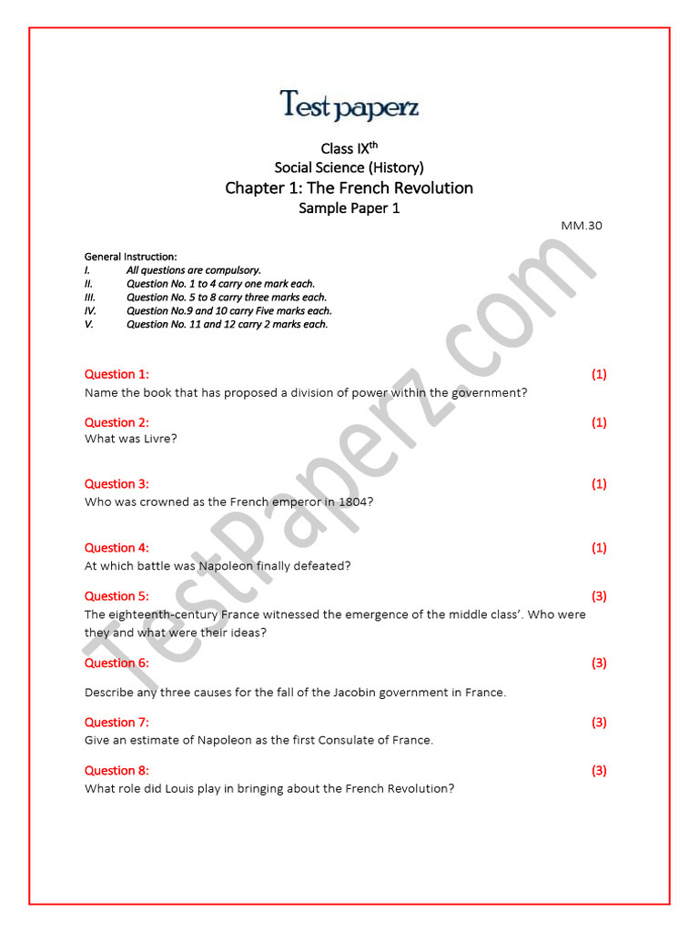 The French Revolution Sample Paper 1 | PDF | First French Empire ...