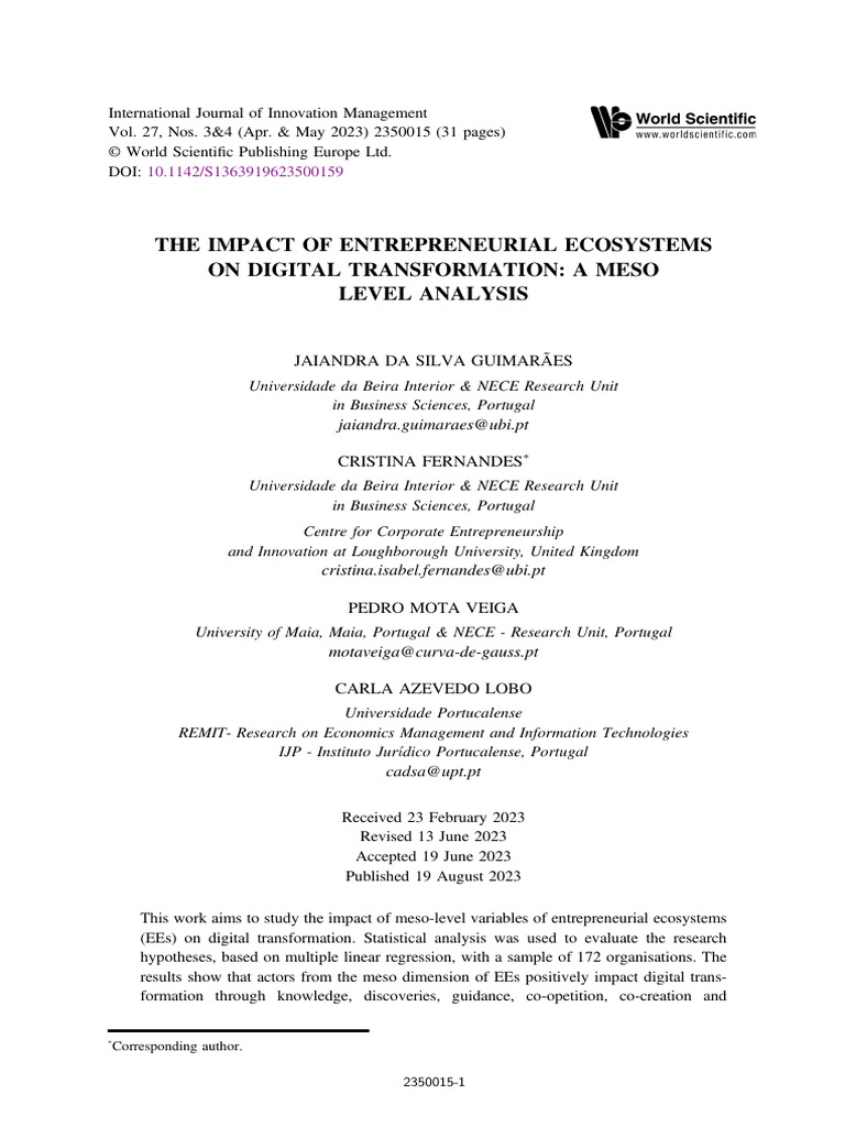 Guimares Et Al 2023 The Impact of Entrepreneurial Ecosystems On Digital ...
