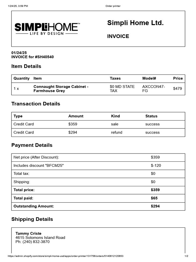 Simpli Home Invoice #SH40540 Details | PDF | Credit Card | Payments