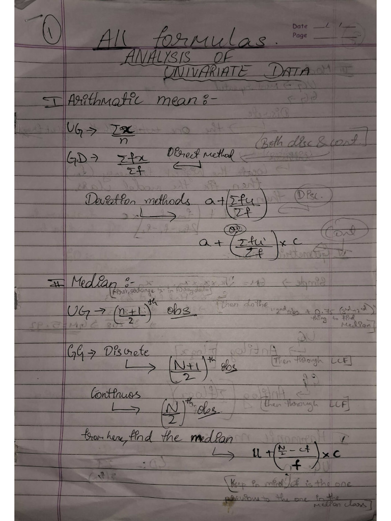 ANALYSIS OF UNIVARIATE DATA formulas | PDF