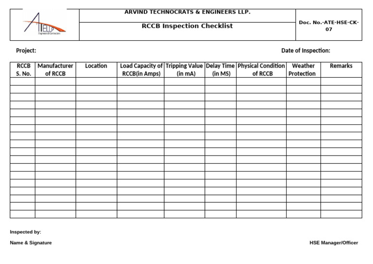 Doc. No.-ATE-HSE-CK-07-RCCB Inspection Checklist | PDF