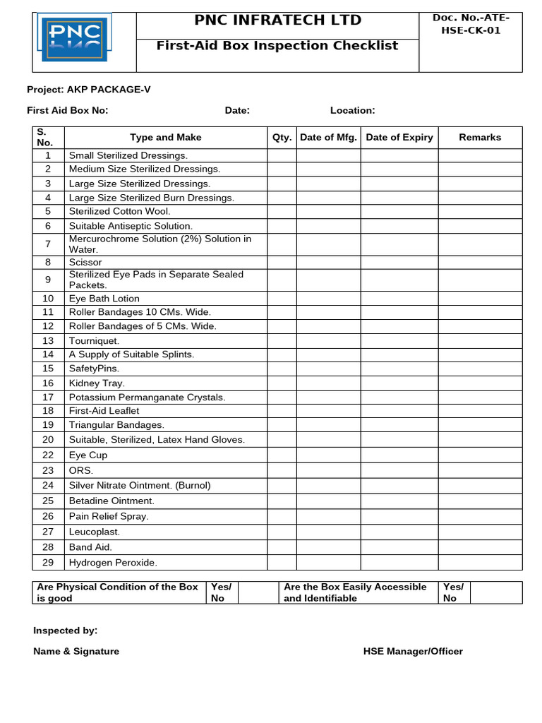 Doc. No.-ATE-HSE-CK-01-First Aid Box Inspection Checklist | PDF