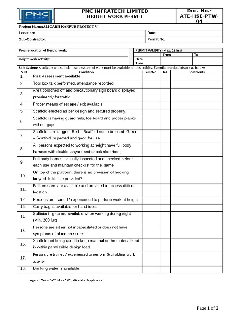 ATELLP-PTW-04 Height Work Permit | PDF | Scaffolding | Safety