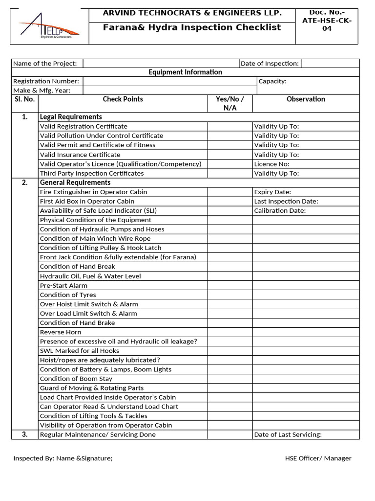 Doc. No.-ATE-HSE-CK-04-Farana & Hydra Inspection Checklist | PDF ...