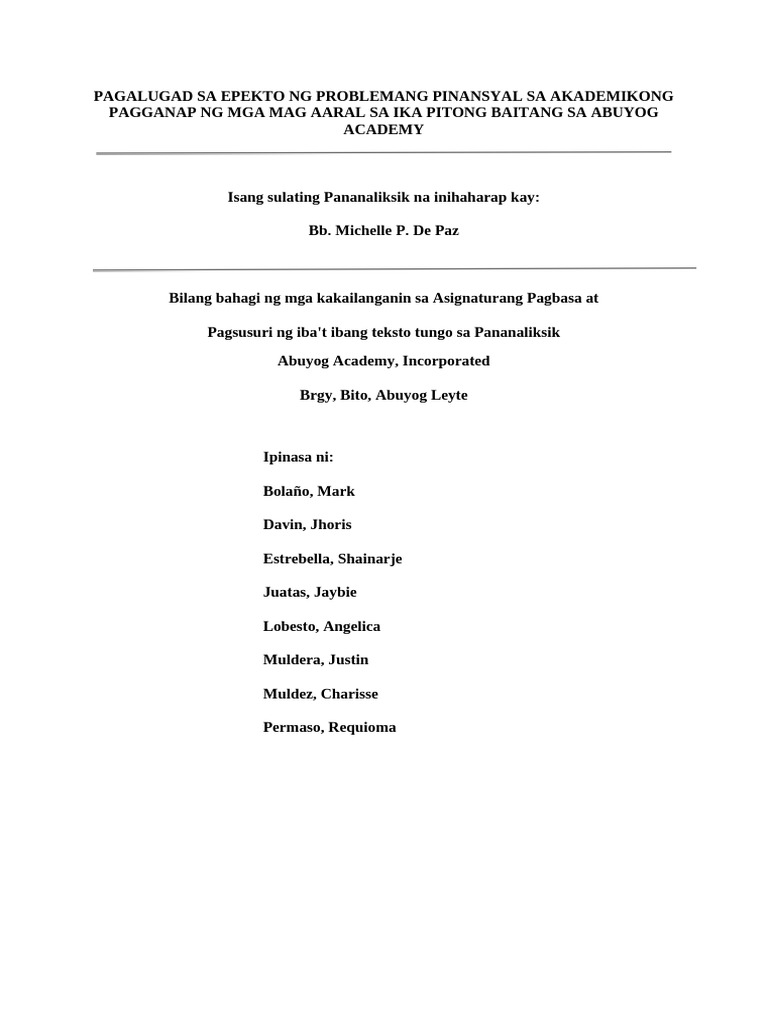 Pagalugad Sa Epekto NG Problemang Pinansyal Sa Akademikong Pagganap NG Mga Mag Aaral Sa Ika ...