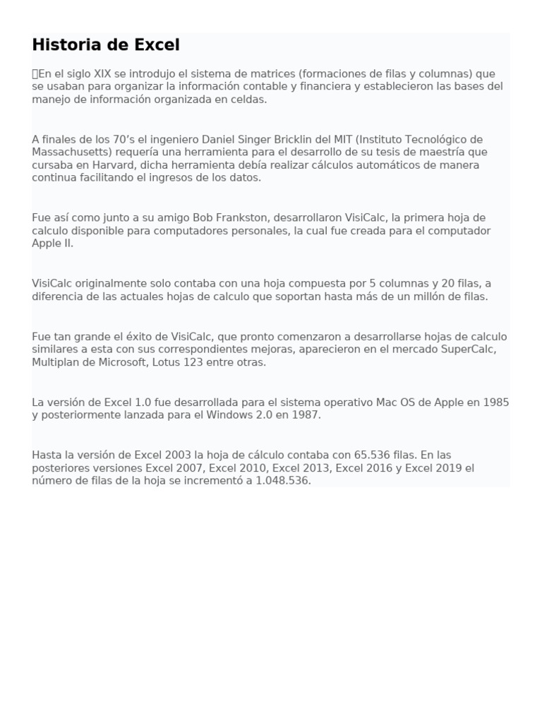 Historia y versiones de Excel | PDF | Microsoft Excel | Microsoft Office