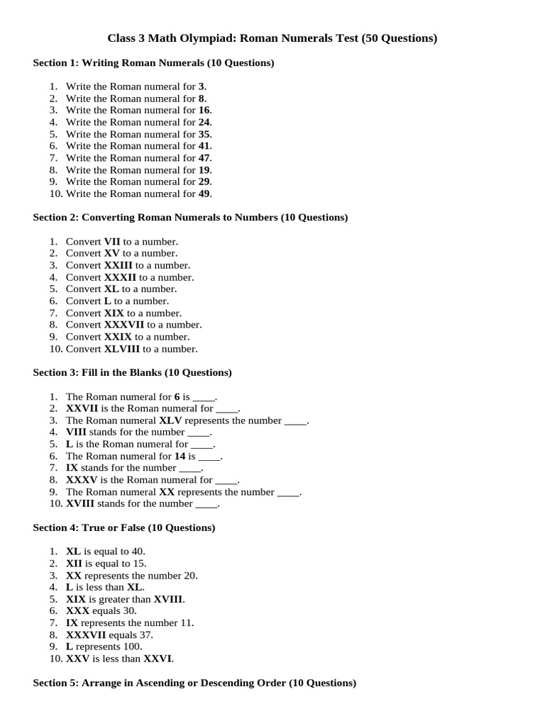Math Olympiad Roman Numerals Test | PDF