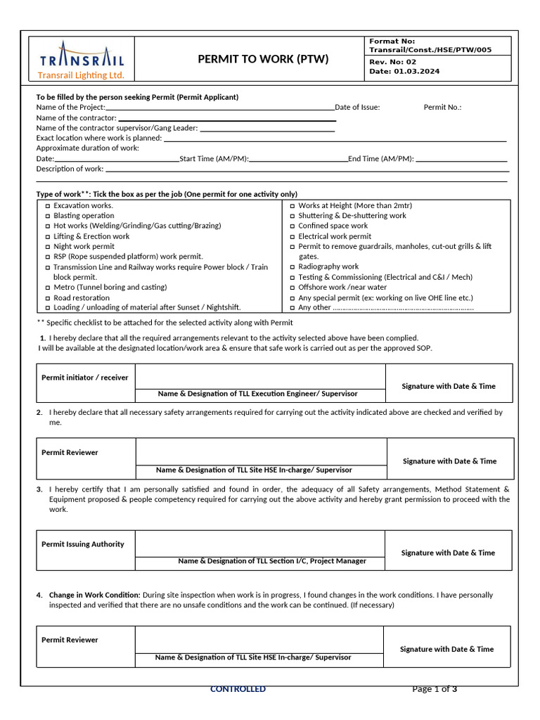 Format - Permit To Work | PDF