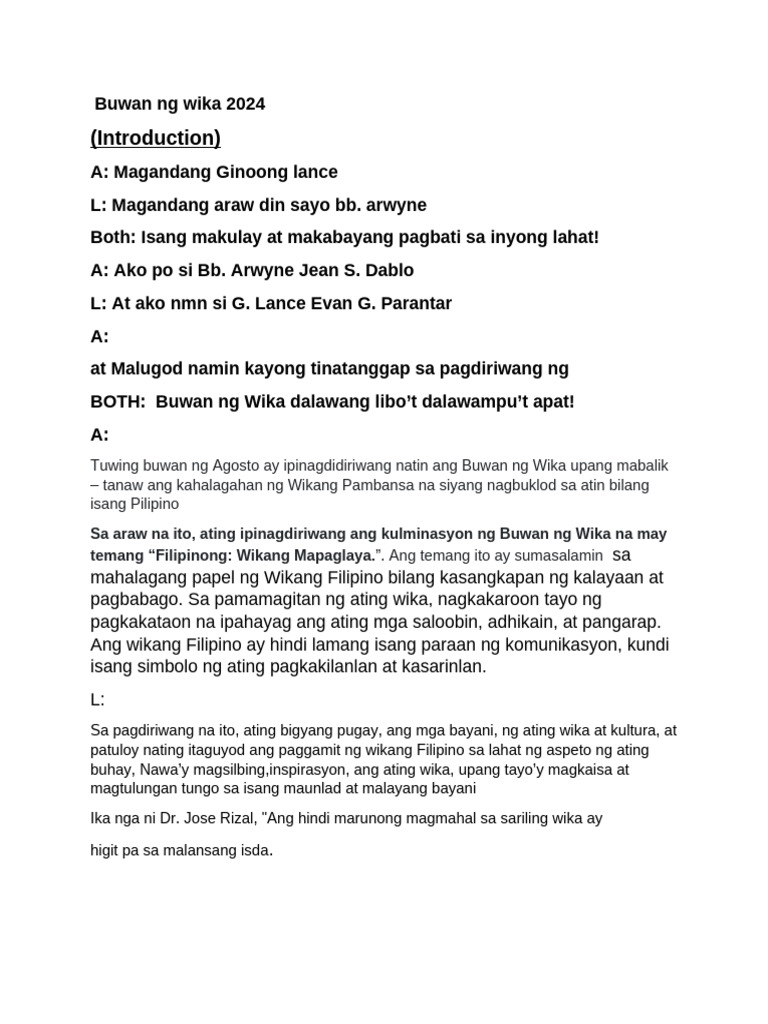 Buwan ng wika 2024 emcee | PDF