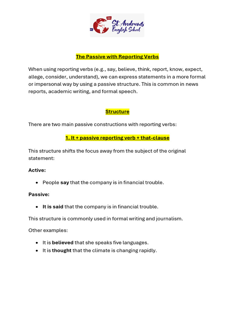 The Passive with Reporting Verbs | PDF | Verb | Subject (Grammar)