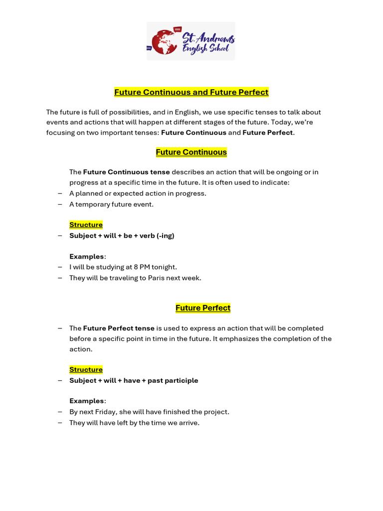 Future Continuous and Future Perfect | PDF | Language Mechanics | Grammar
