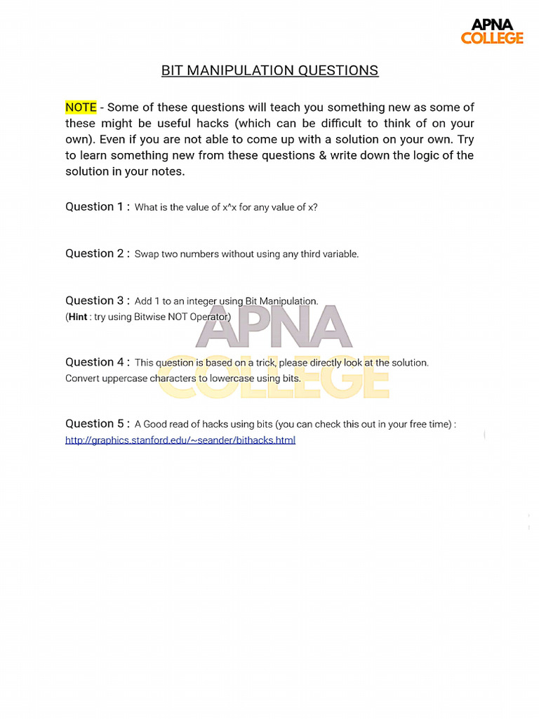Practice Questions Bit Manioulation | PDF