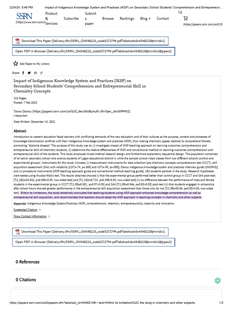 Impact of Indigenous Knowledge System and Practices (IKSP) On Secondary School Students ...