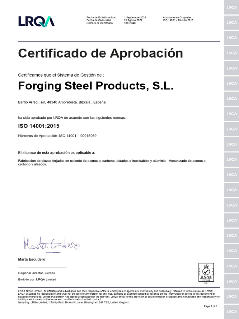 Certificado ISO 14001 2015 Val. 31.08.2027 | PDF