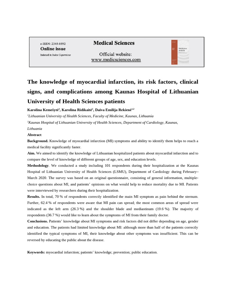 The Knowledge of Myocardial Infarction, Its Risk Factors, Clinical ...