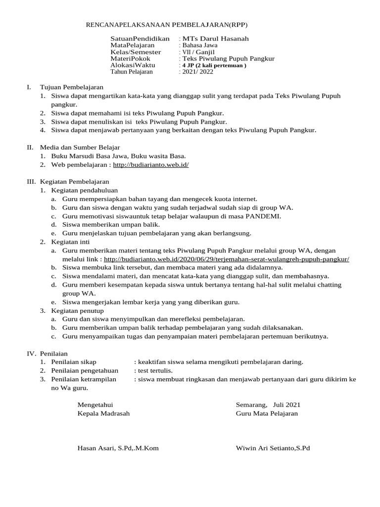 RPP Daring Bhs. Jawa Kls 7 SMT Gasal KD 2 | PDF