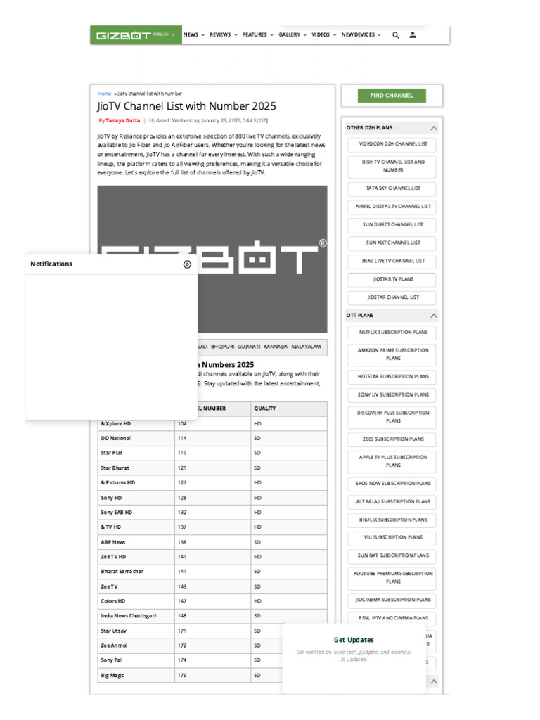 WWW Gizbot Com Jiotv Channel List With Number HTML | PDF | Television | Television Network