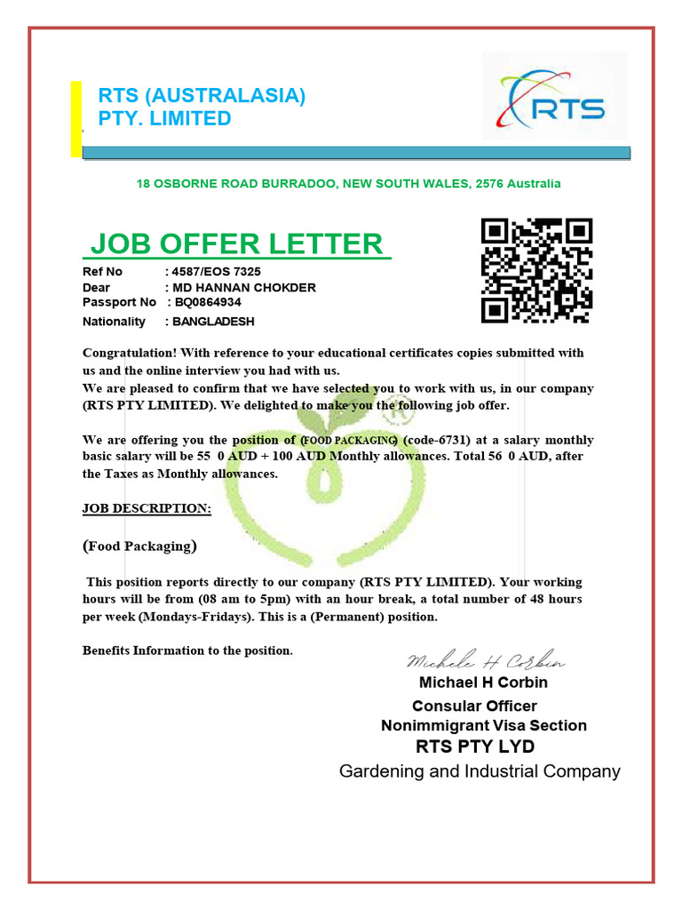 MD Hannan Chokder Job Letter RTS | PDF