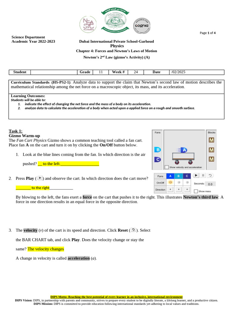WK 24 P2 Newton's 2nd Law Worksheet A Gizmos | PDF | Force | Newton's ...