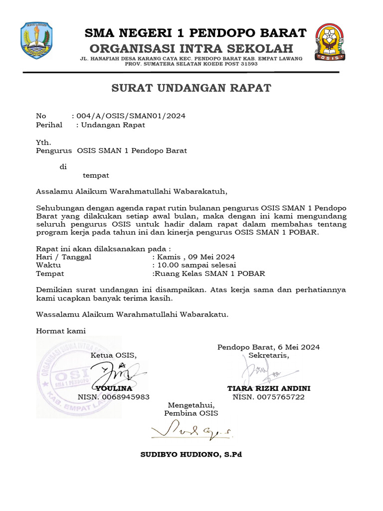 Undangan Rapat OSIS SMAN 1 Pendopo Barat | PDF