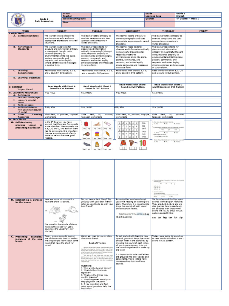Q4-WEEK1-DLL-ENGLISH-G2 | PDF | Consonant | Vowel