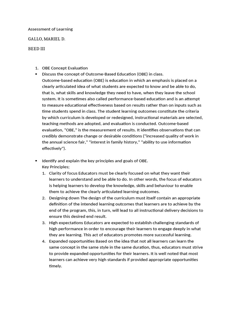 Assessment of Learning-Learning Outcomes | PDF | Learning | Teachers