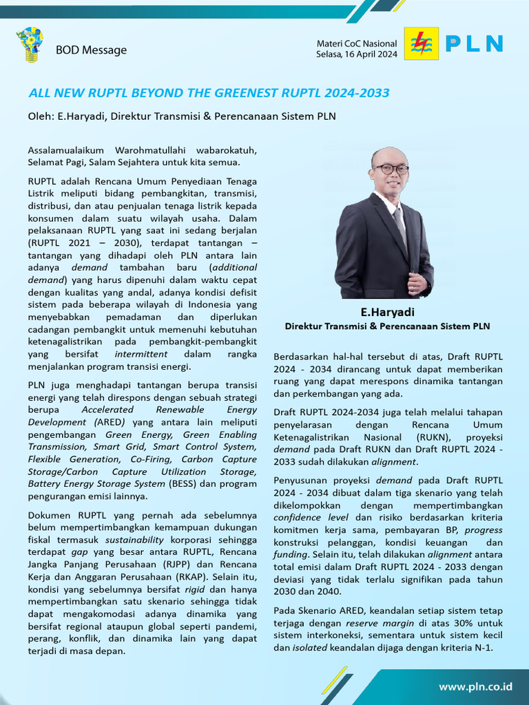 Materi CoC Nasional - BOD Message - ALL NEW RUPTL BEYOND THE GREENEST RUPTL 2024-2033 | PDF