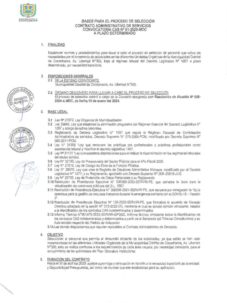 Bases y Cronograma Convocatoria N 001 2025 MDC DL 1057 | PDF