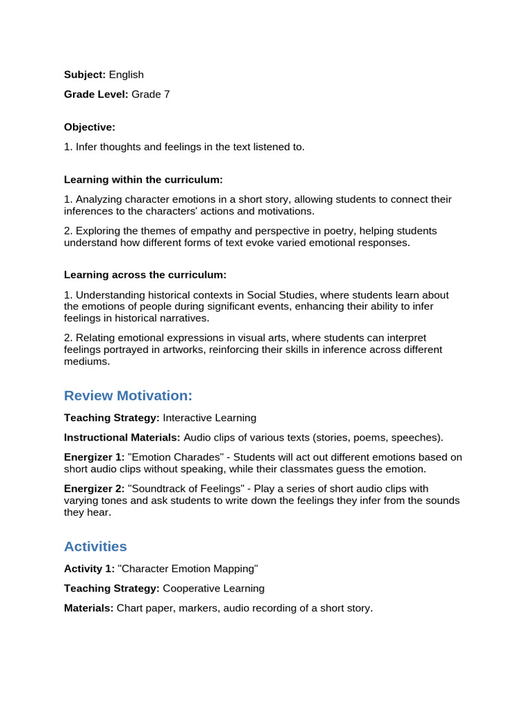 Lesson Plan (1) | PDF | Emotions | Behavioural Sciences