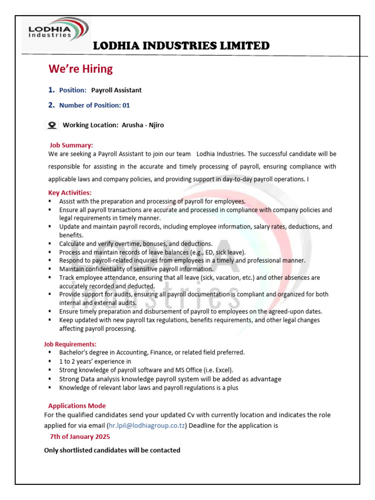 Payroll Assistant Job Opening at Lodhia | PDF