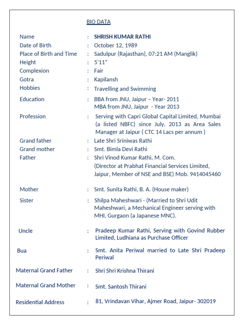 Bio Data Shrish Kumar Rathi | PDF