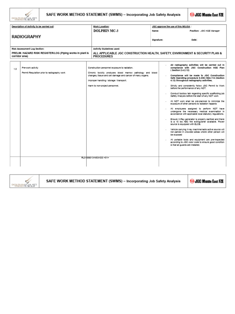 Toaz - Info Radiography Safe Work Method Statement Swms PR | PDF | Waste Management | Personal ...