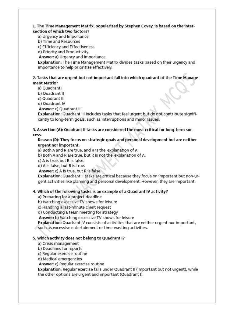 Managing Time - MCQ'S | PDF | Time Management | Professional Skills