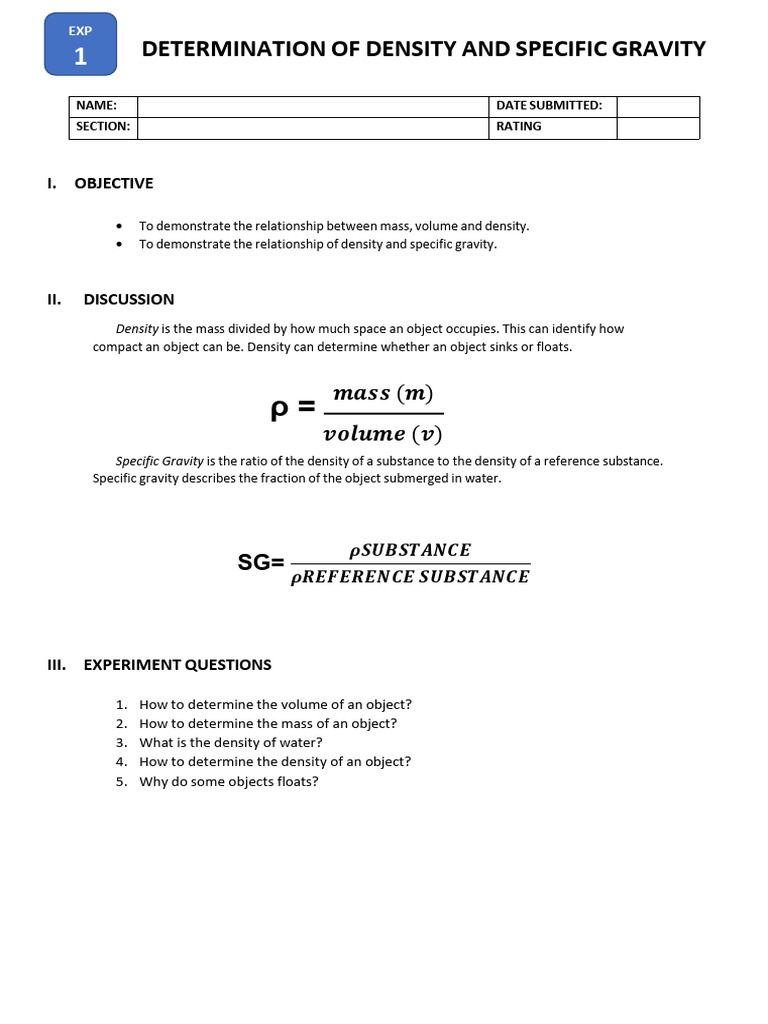 Exp 1 - Determination of Density and Specific Gravity | PDF | Density | Mechanics