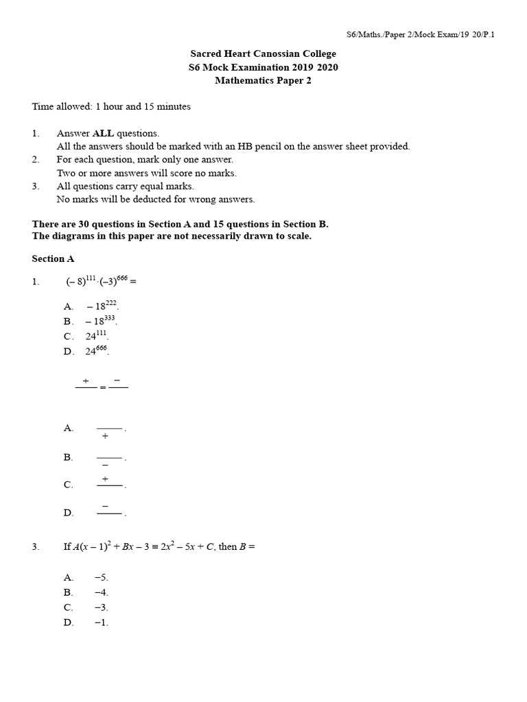 Sacred Heart Canossian College S6 Mock Examination 2019-2020 Paper2 ...