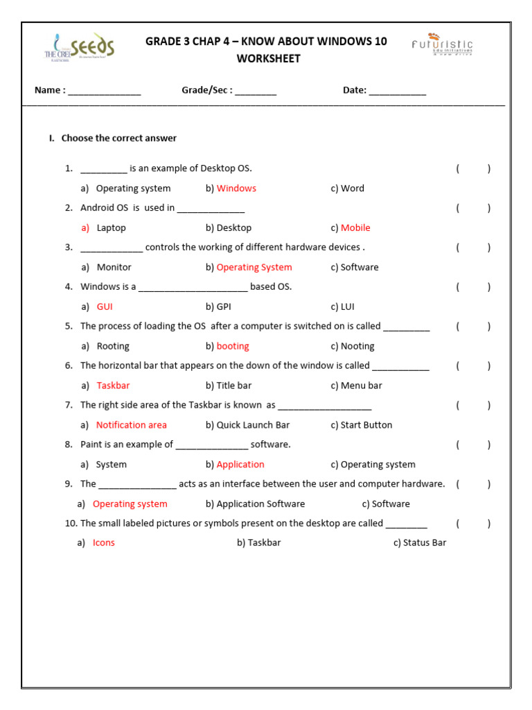 Grade 3 Windows 10 OS Worksheet | PDF | Window (Computing) | Software