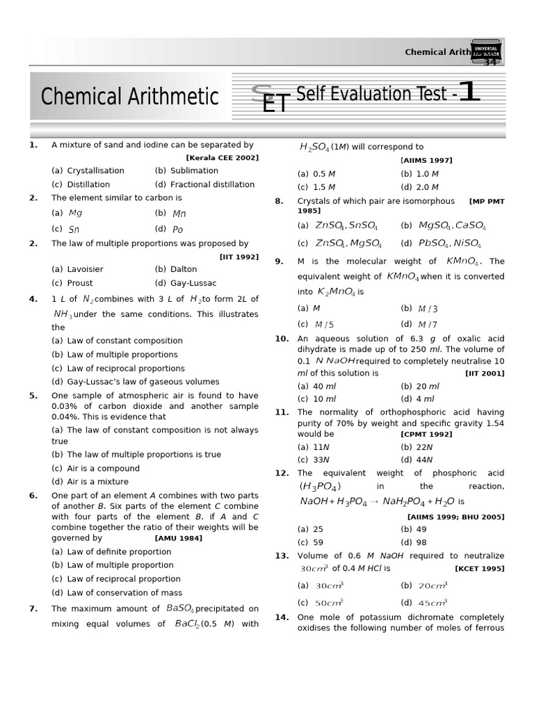 04 Chemical Arithemetic SET E | PDF | Mole (Unit) | Chemical Elements
