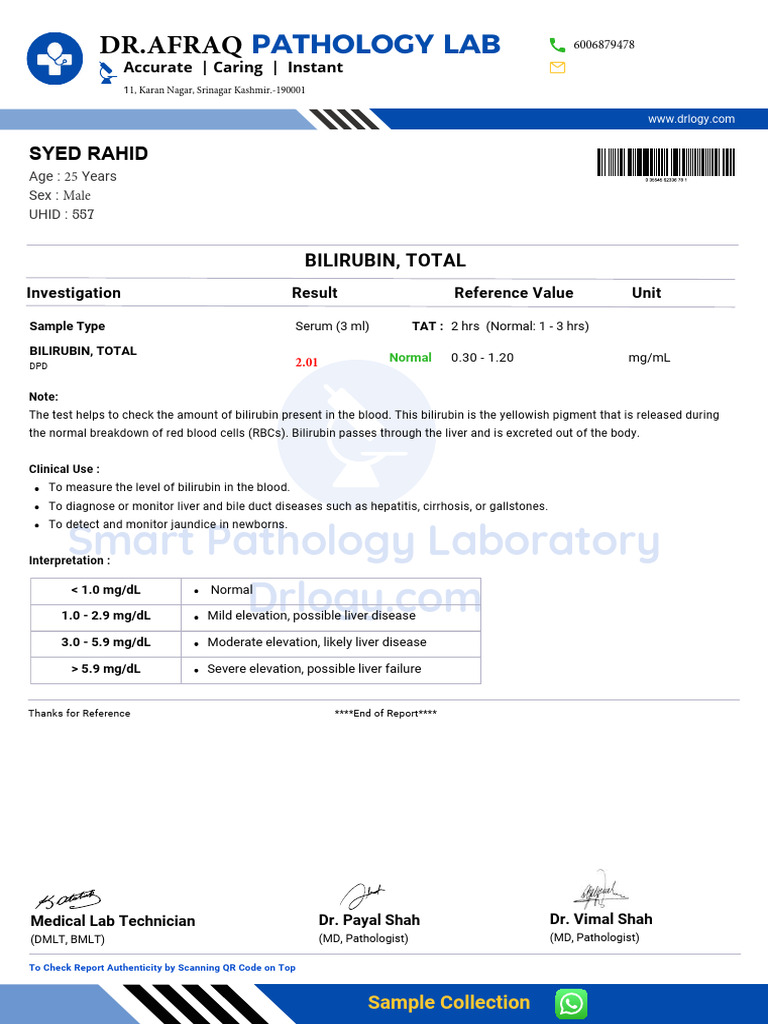 Bilirubin Test Report for Syed Rahid | PDF
