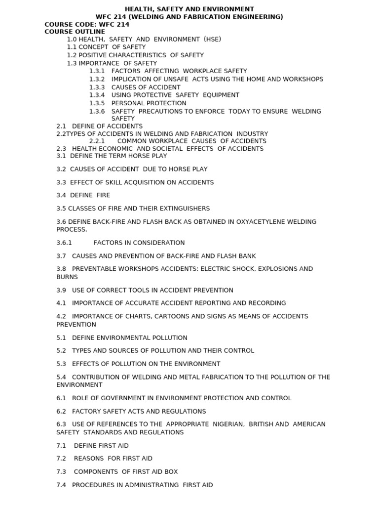 HEALTH AND SAFTY COUSRE OUTLINE | PDF