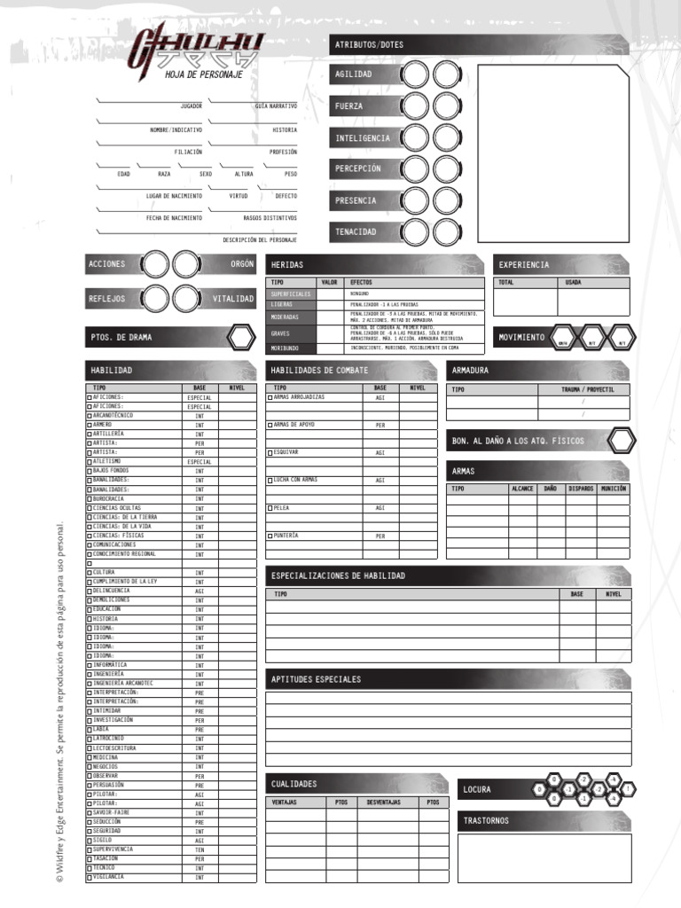 Ficha Personaje Cthulhutech Editable | PDF