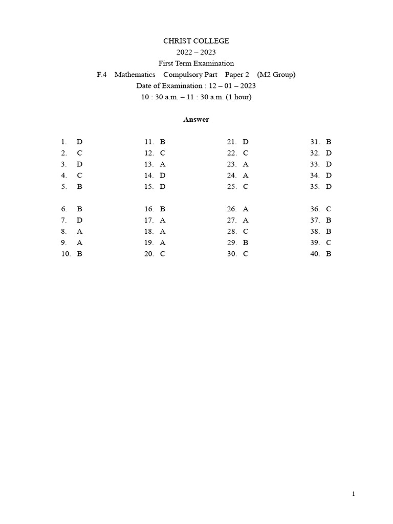 22-23 1st Term F4 Math CP Exam Paper 2 Answer | PDF | Euclidean ...