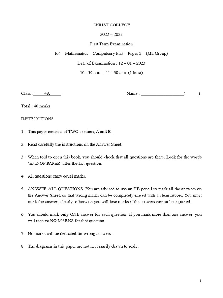 F.4 Mathematics Exam Paper 2022-2023 | PDF | Quadratic Equation | Line ...