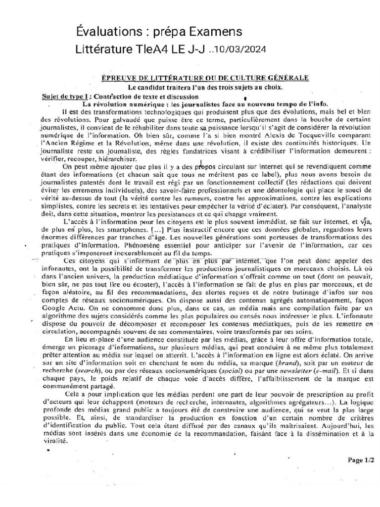 Éval Litté - Prépa Examens TleA4 LE J-J | PDF