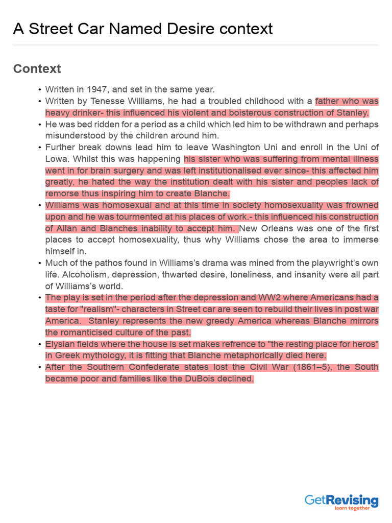 A Street Car Named Desire Context | PDF