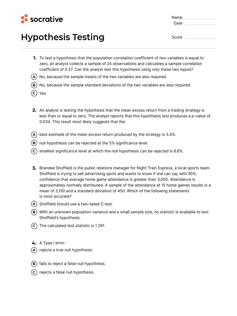Quiz - Hypothesis Testing | PDF | Statistical Significance | Scientific ...