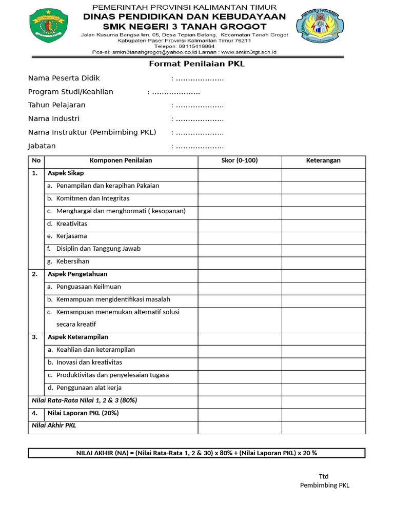 Format Penilaian PKL | PDF
